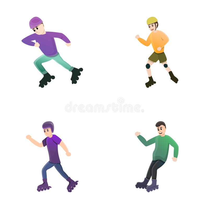 Man Roller Icons Set Cartoon Vector. Man Character on Roller Skate ...