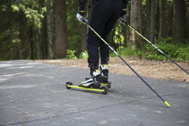 A Man on a Roller Ski Rides in the Park.Cross Country Skilling Stock ...