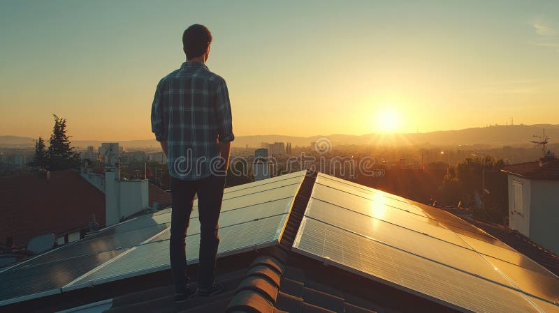 Man on Rooftop with Solar Panels Watching Sunrise Over City Stock ...
