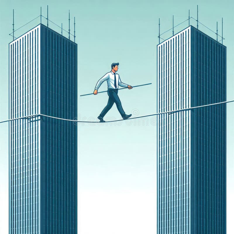 A Man on a Rope between High-rises, Balancing at a Height. Stock Image ...