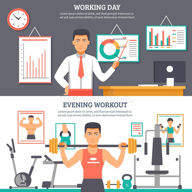Man daily Routine Banner Set Stock Vector - Illustration of eating ...
