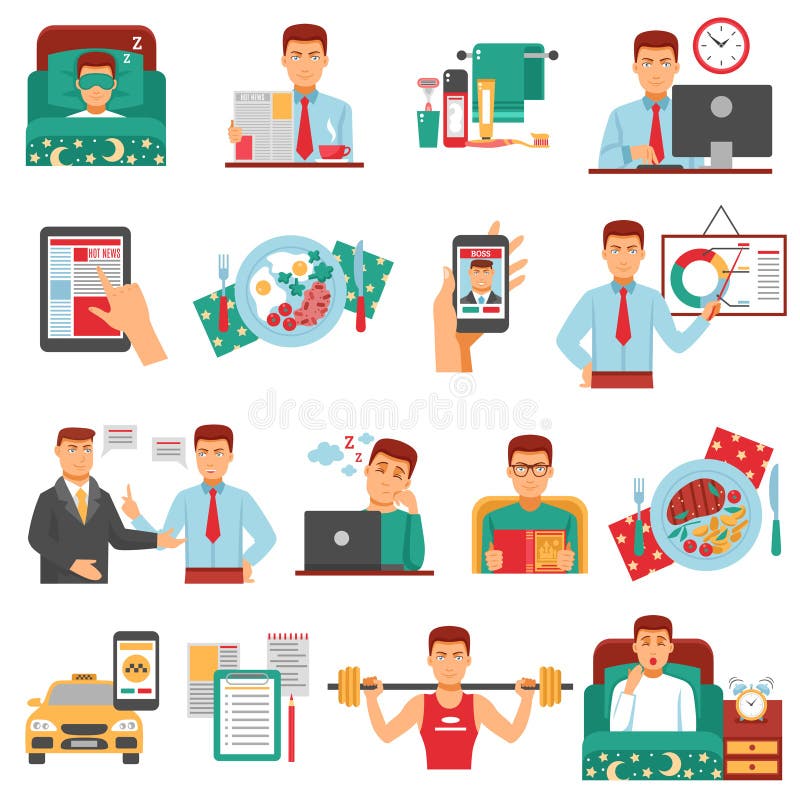 Man daily Routine Icon Set stock vector. Illustration of object - 80349825