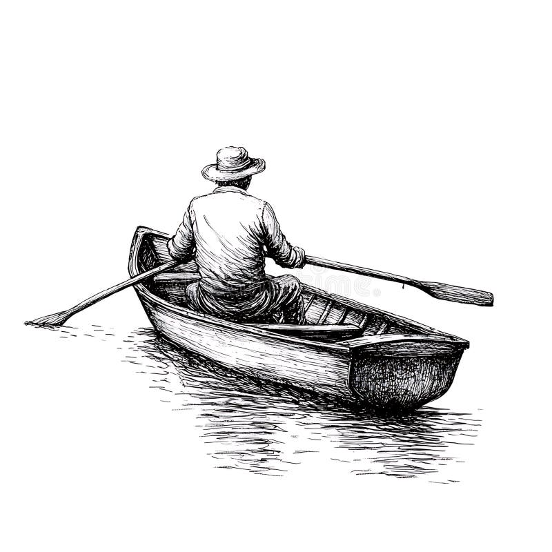 Man Rowing a Boat on Calm Water, Seen from Behind, Ink Drawing Stock ...