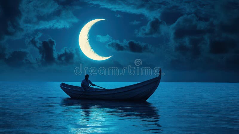Man Rowing Boat Under Crescent Moon on Quiet Sea Stock Illustration ...
