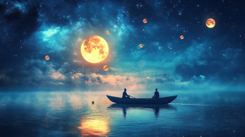 Man Rowing a Boat Under Glowing Moons on Calm Sea at Night Stock ...