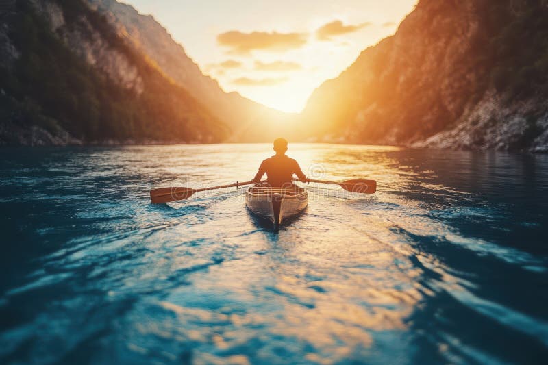 A Man is Rowing a Canoe in a River Stock Image - Image of cliff, ocean ...