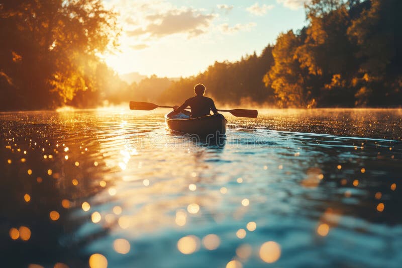 A Man is Rowing a Canoe in a River Stock Photo - Image of recreation ...