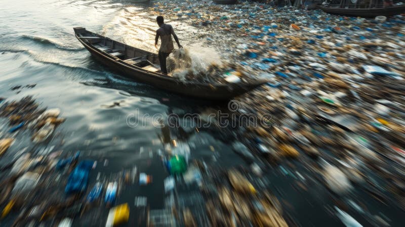 Man Rowing Wooden Boat Polluted River Stock Photos - Free & Royalty ...