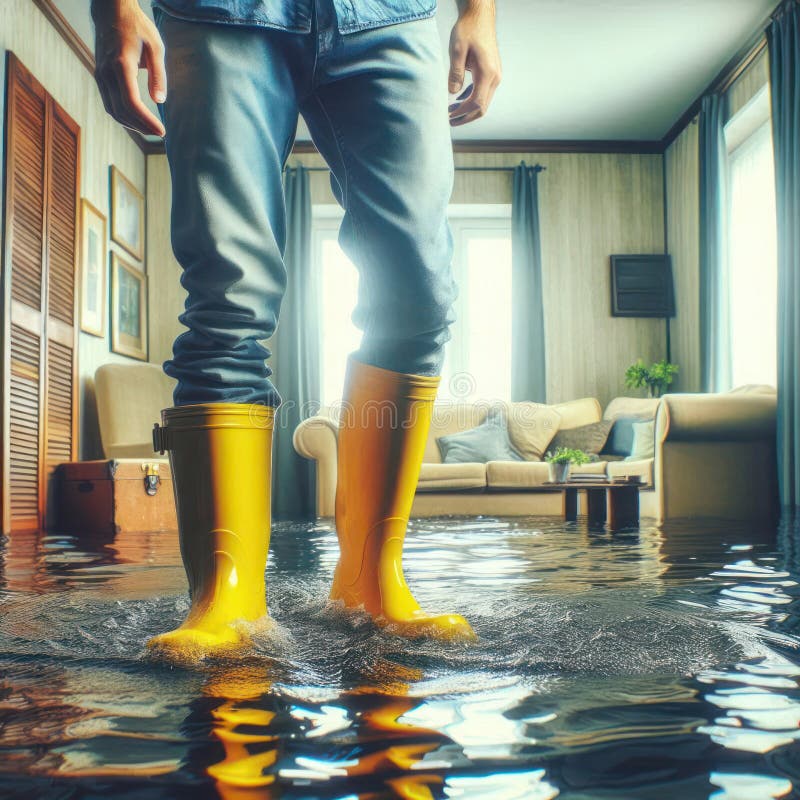 A Man in Rubber Boots Stands in a Flooded Room. Stock Image - Image of ...