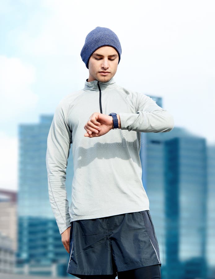 Man, Runner and Check Watch in City for Timer, Steps and Progress with ...