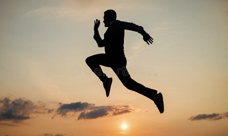 Man Runner Silhouette Running To Future Against Sunset Sky, Success ...