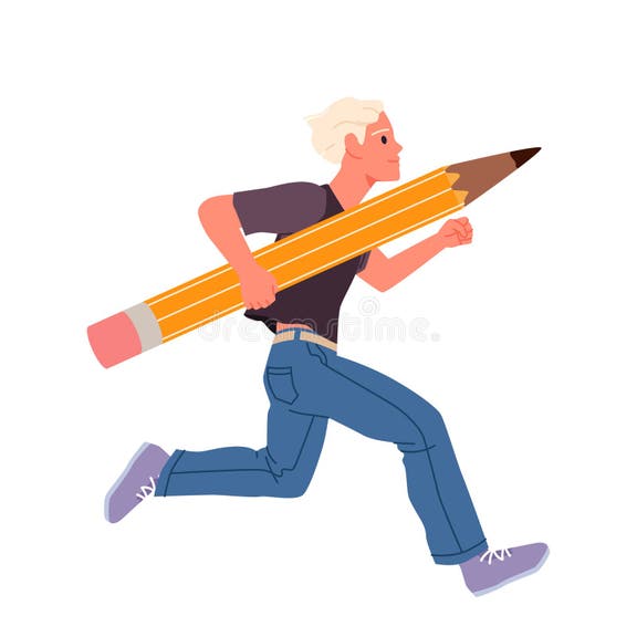 Man Running with Big Pencil. Tiny Young Man Holding Large Stationery To ...