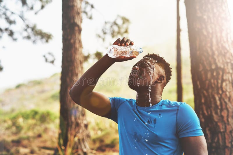 Man, Running and Break for Water on Face or Refreshment, Exercise in ...