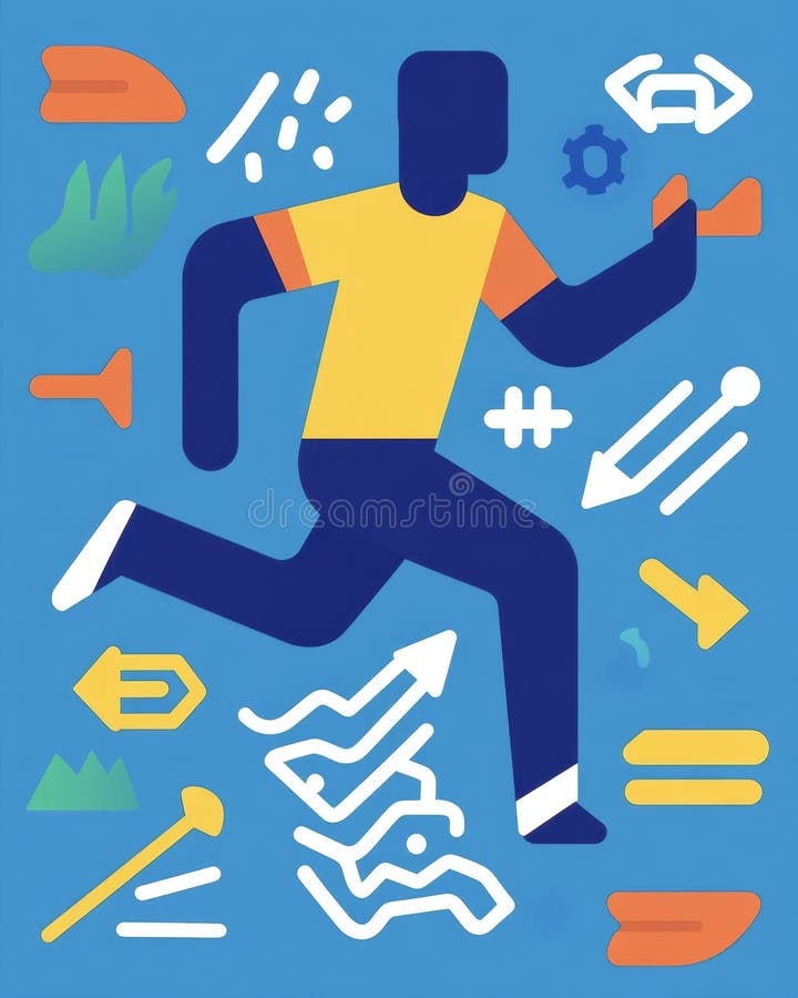 A Man Running with a Bunch of Random Objects Around Him Stock ...