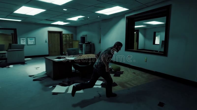 Man Running through Destroyed Office Stock Video - Video of room, light ...