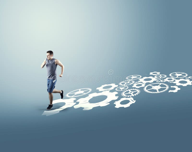 Man Running through on a Engine Gear Wheels Stock Image - Image of ...