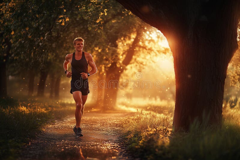 Man Running through Field at Sunset Stock Image - Image of endurance ...