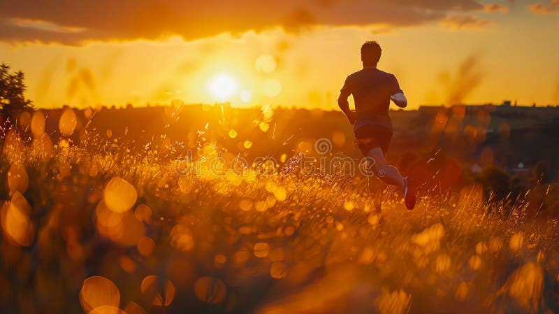 A Man Running in a Field at Sunset Stock Illustration - Illustration of ...