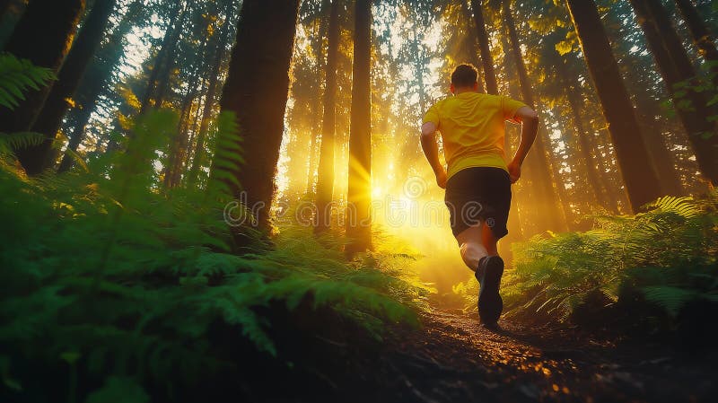 Man Running on Forest Path Surrounded by Lush Greenery and Sunlight ...