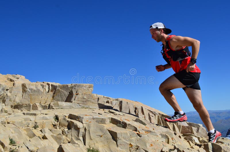 Man Running on a High Mountain Trail Stock Photo - Image of fast ...
