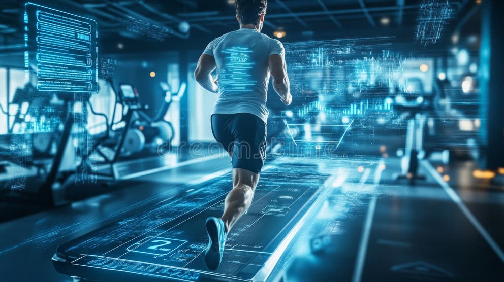 Man Running on a High-tech Treadmill with Digital Data Overlay in a ...