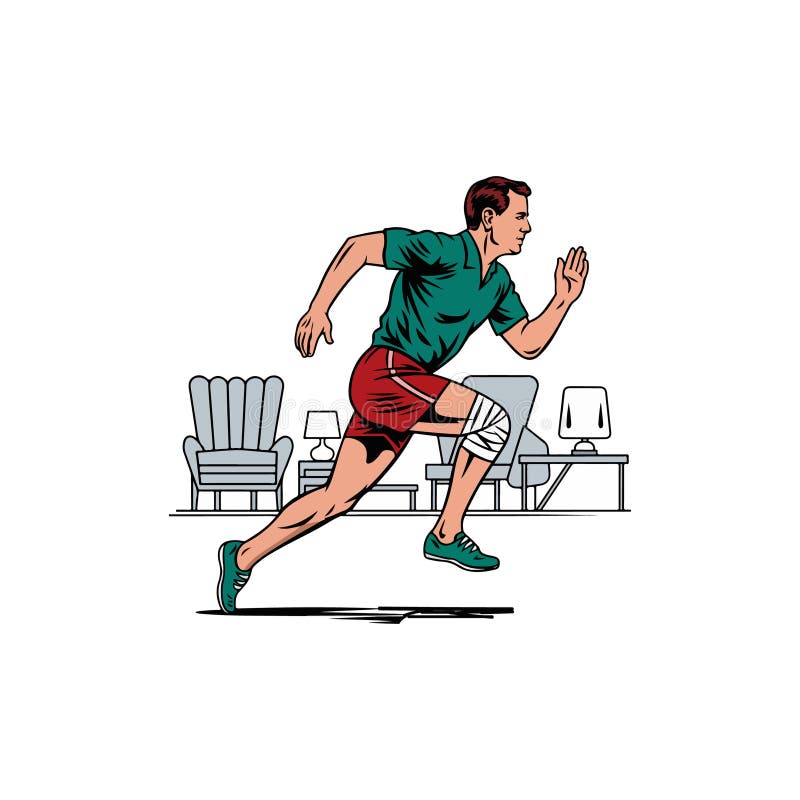 Man Running Indoors with Knee Support, Retro Style Stock Vector ...