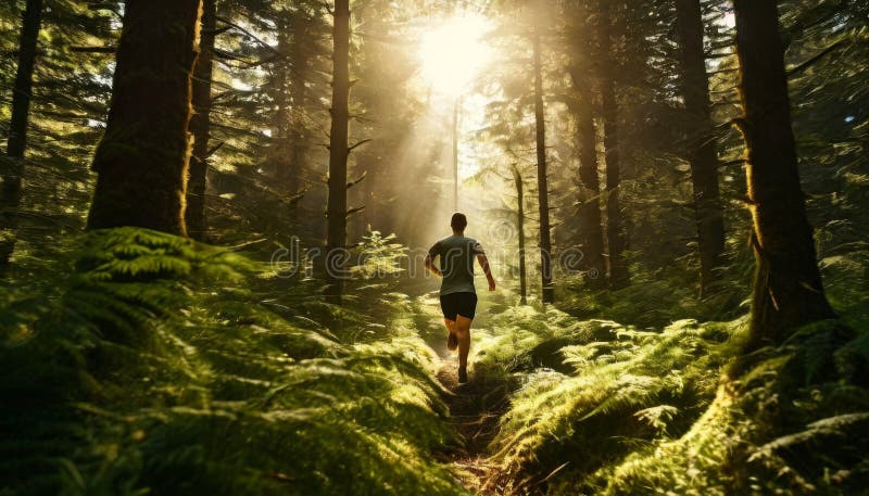 Man Running through Lush Green Forest Trail Stock Illustration ...