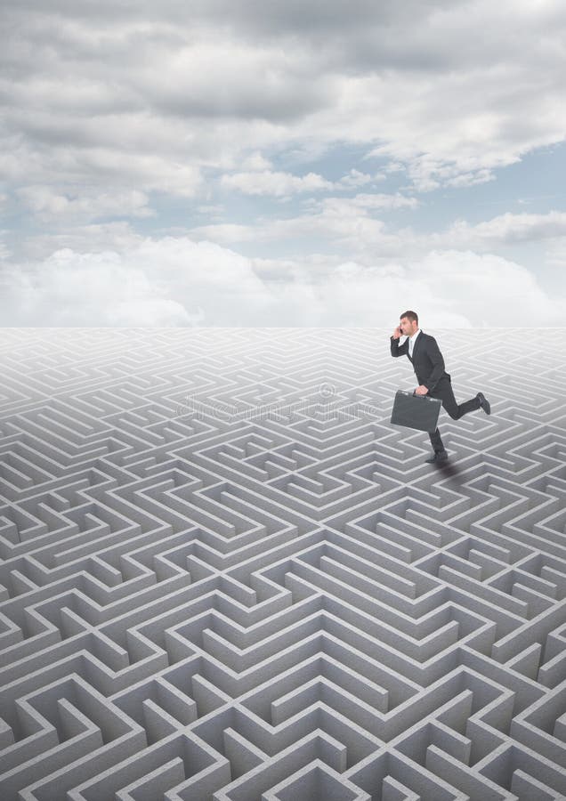 Man Running on a Maze with Clouds Stock Photo - Image of flare ...