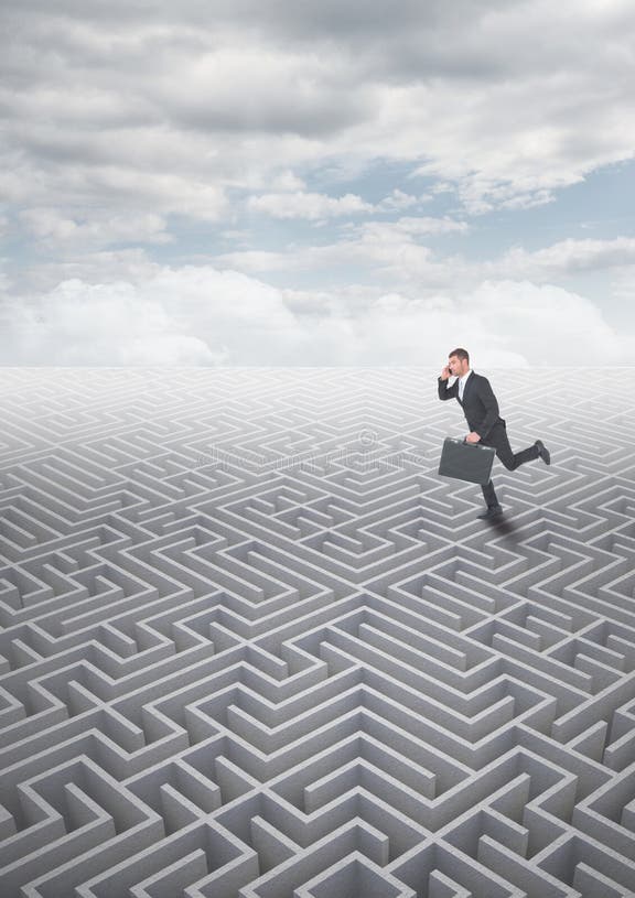 Man Running on a Maze with Clouds Stock Photo - Image of flare ...