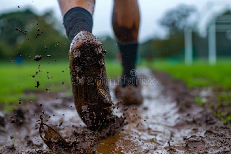 A Man Running through a Muddy Field, Splashing Dirt with Each Step, a ...
