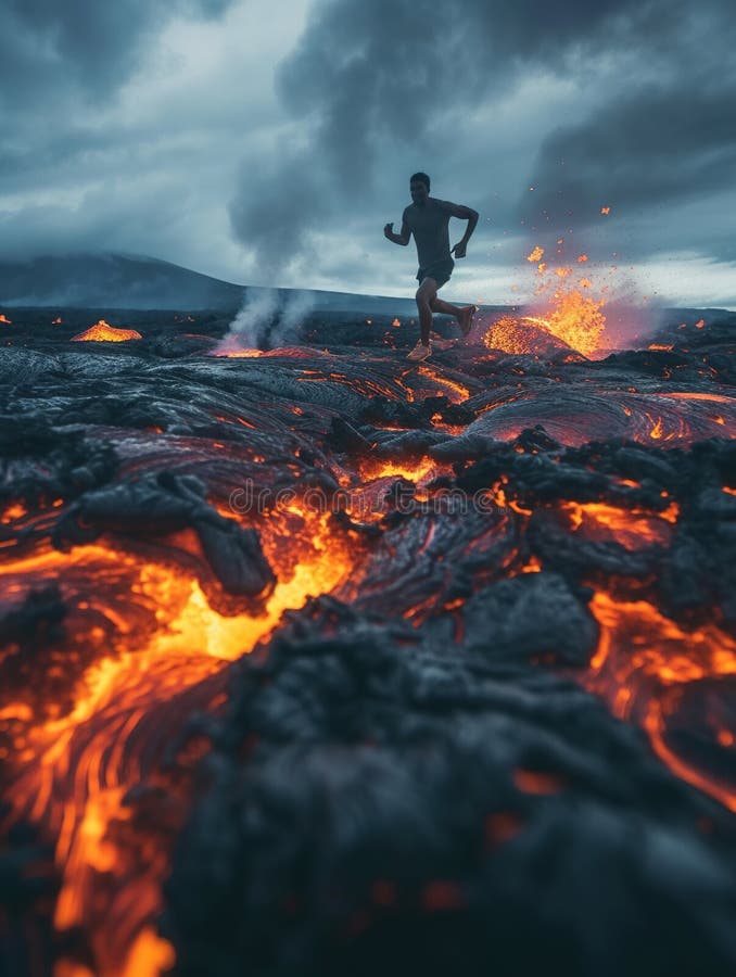Man Running Near Lava. Generative AI Stock Illustration - Illustration ...