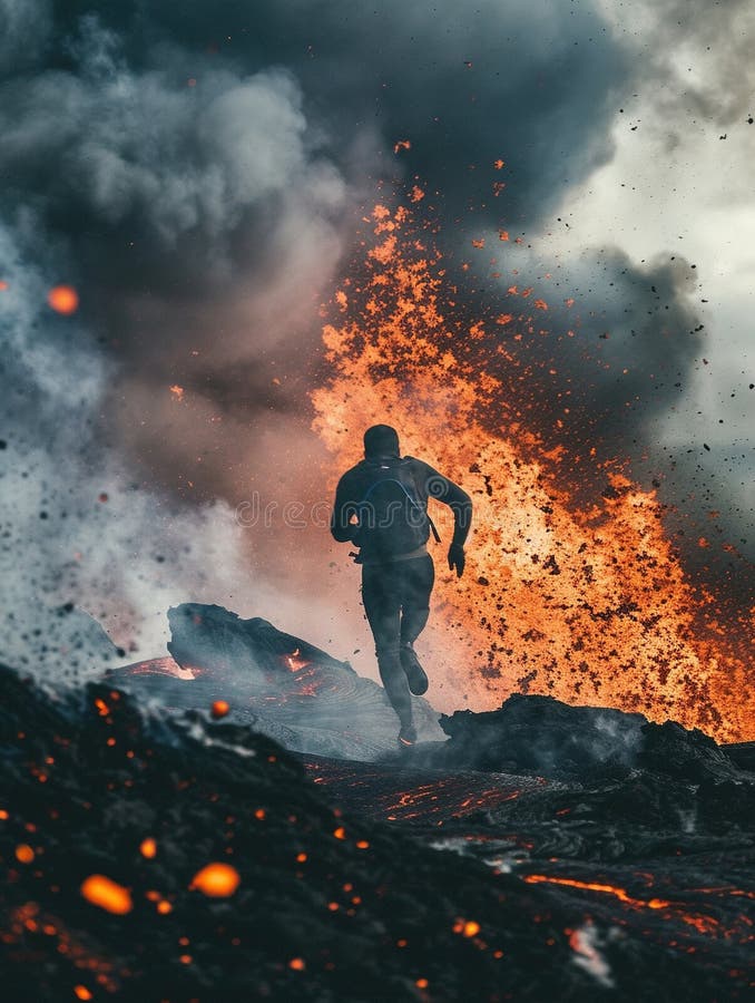 Man Running Near Lava. Generative AI Stock Illustration - Illustration ...
