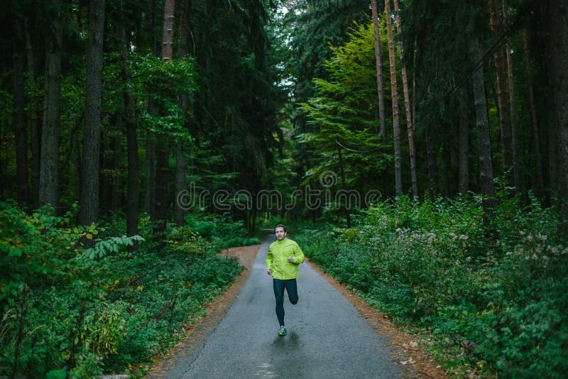 Man Running on Path in an Old Green Forest. Stock Photo - Image of ...