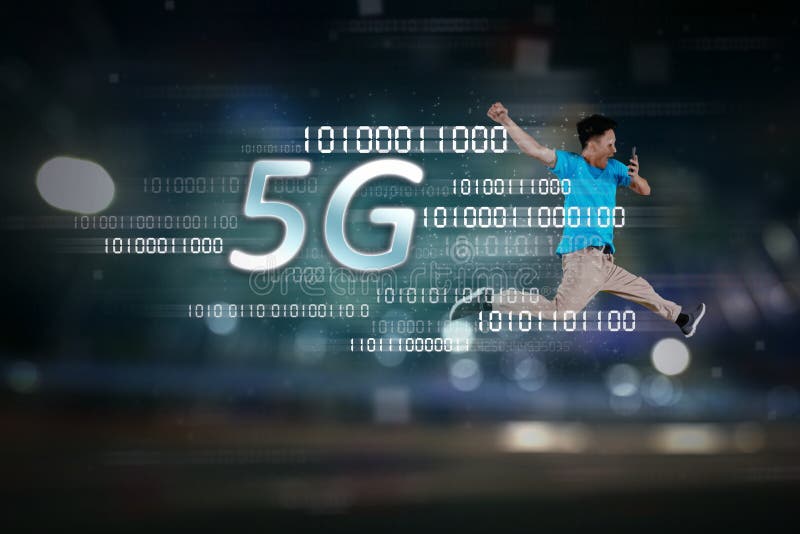 Man Running with a Phone and 5G Network Sign Stock Photo - Image of ...