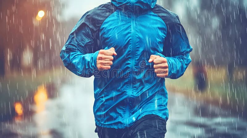 Man Running in the Rain Wearing a Blue Jacket Stock Photo - Image of ...