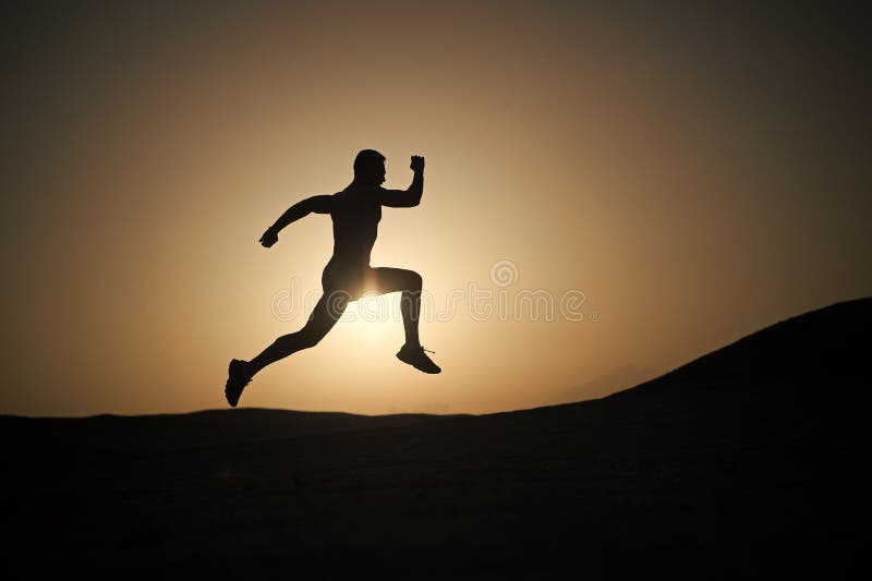 Man Running Silhouette at Sunset, Young Caucasian Run in Mountain Stock ...