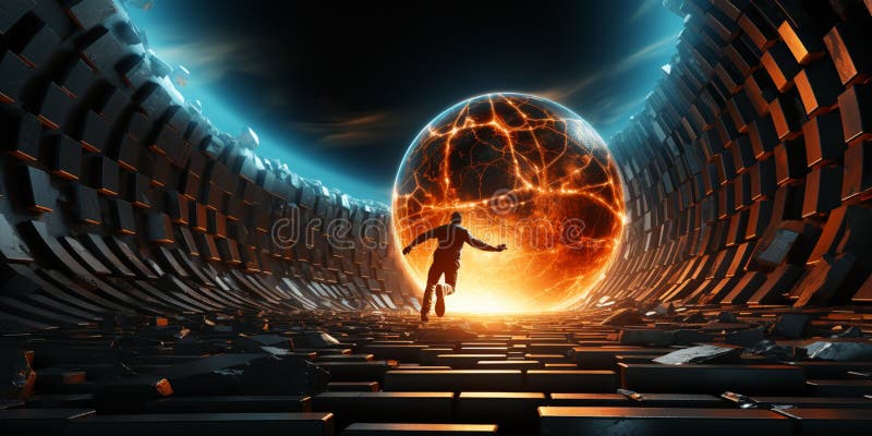 Man Running To Kick Ball Neon Light on Brick Walls 3d Rendering Stock ...