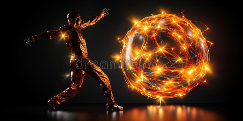 Man Running To Kick Ball Neon Light on Brick Walls 3d Rendering Stock ...