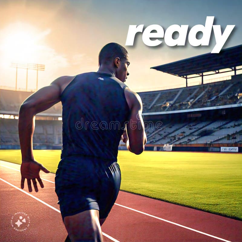 A Man Running on Track Field with the Word Ready Stock Image - Image of ...