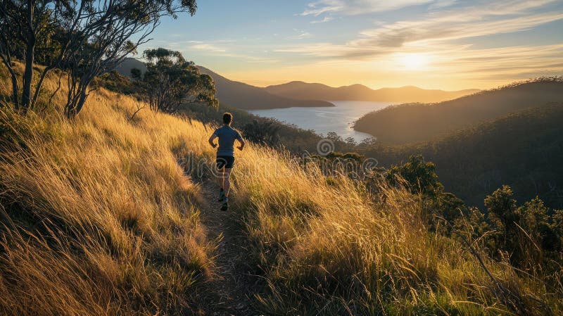 Man Running Uphill at Sunset with Scenic View Stock Image - Image of ...
