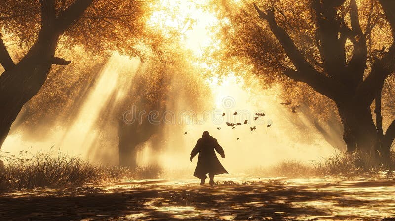 Man Runs Autumn Forest Path, Sun Rays, Leaves Fall, Fantasy Stock Image ...