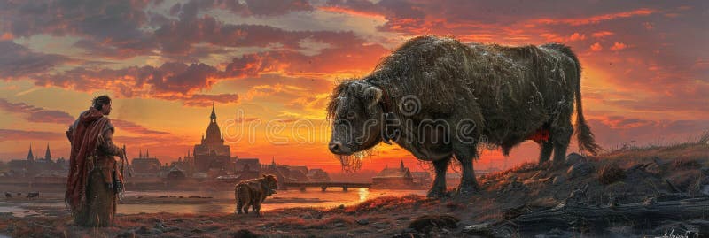 Man in Rustic Attire Stands Confidently Next To a Tranquil Cow in a ...