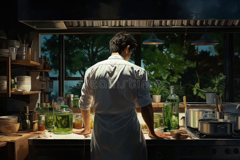 Man S Back in a Kitchen Working Stock Image - Image of kitchen, cafe ...