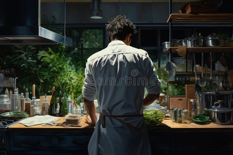 Man S Back in a Kitchen Working Stock Image - Image of people, chief ...
