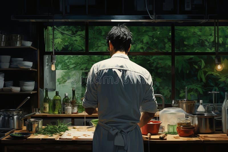 Man S Back in a Kitchen Working Stock Image - Image of illstration ...
