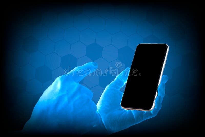 A Man S Blue Hand Holds a Mobile Phone with His Left Hand, Pointing ...