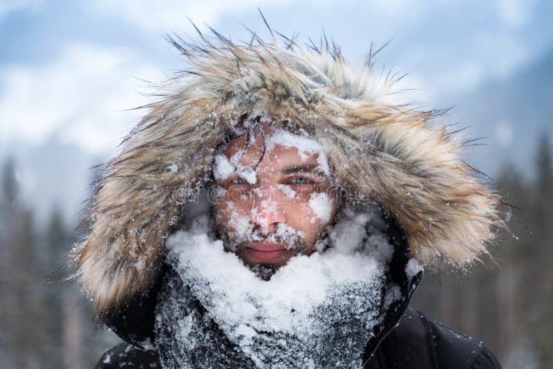 Man`s Face Covered with Snow Stock Photo - Image of portrait, outdoors ...