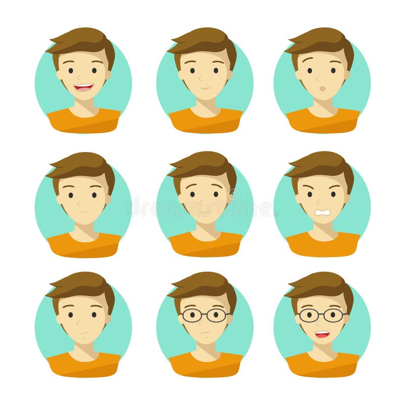 Man`s Face Expressions. Human Emotion Icons Vector with White ...