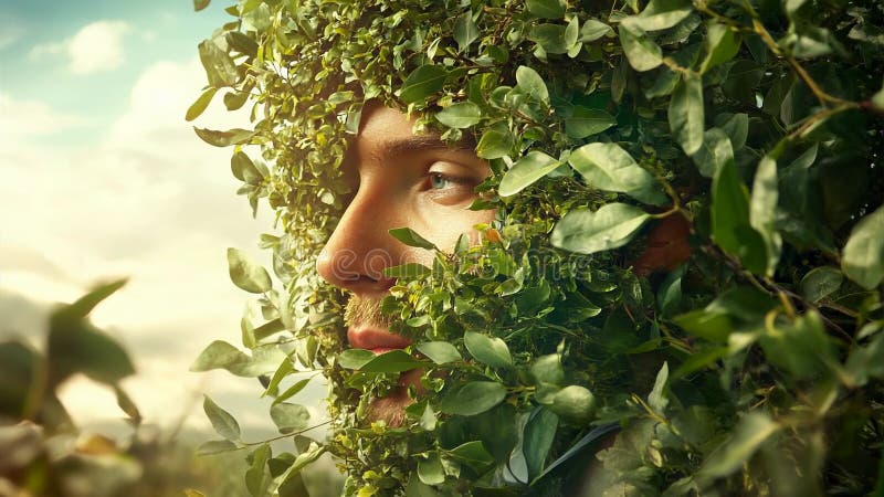 Man S Face Merging with Vibrant Green Foliage in Nature Scene Stock ...