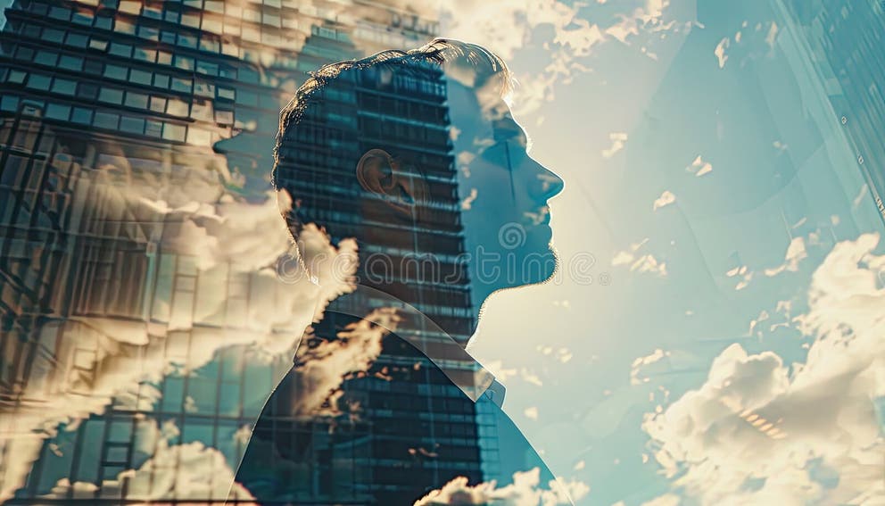 A Man S Face is Shown in a Distorted Way, with a City in the Background ...